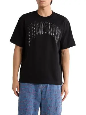 PLEASURES Twitch Leather Appliqué & Rhinestone T-shirt - Black