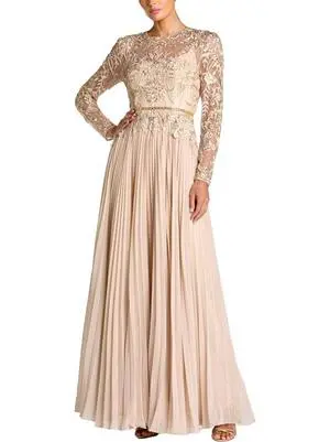 Mac Duggal Long Sleeve Chiffon Embellished Gown - Taupe