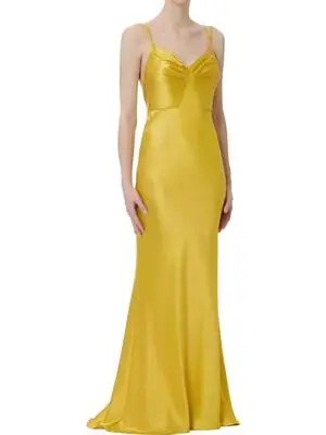 Elisabetta Franchi V-neck Spaghetti Strap Satin Evening Dress - Yellow