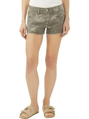SILVER JEANS CO. Print Raw Hem Mid Rise Denim Boyfriend Shorts - Camo