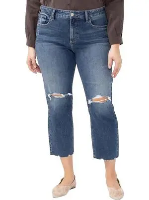 SILVER JEANS CO. Avery Curvy Ripped Raw Hem Straight Leg Jeans - Synth
