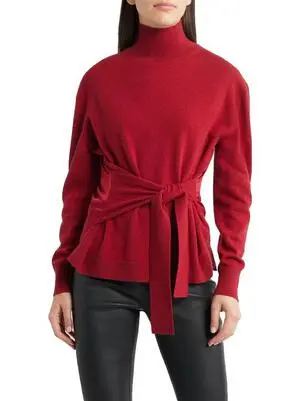 BOSS Tie Waist Mixed Media Turtleneck Sweater