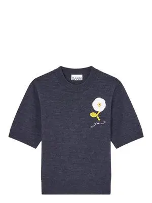 GANNI Round Neck Short Sleeve Tee With Crochet Flower Applique - Mixed