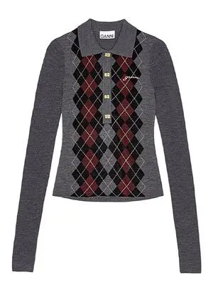 GANNI Knitted Polo Shirt - Grey
