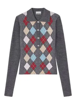 GANNI Knitted Argyle Polo Shirt - Grey