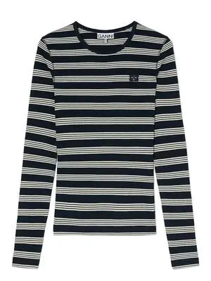 GANNI Stripe Ribbed Long-sleeve Top - Navy