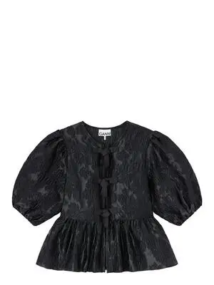 GANNI Satin Peplum Tie Blouse - Black