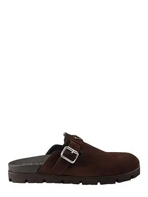 Prada Logo-plaque Suede Mules - Brown
