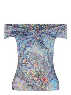 Etro Printed Off-The-Shoulder Mesh Top Blue