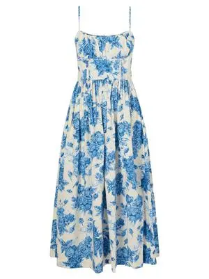 Cara Cara Alba Floral-Print Cotton-Poplin Midi Dress Blue