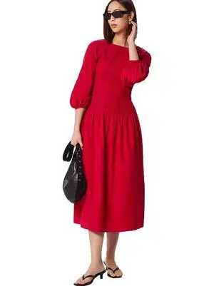 Whistles Smocked Bodice Midi Dress - Red
