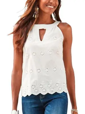 LASCANA LASCANA Sleeveless Eyelet Lace Halter Neck Blouse Cream