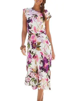 LASCANA Flutter Sleeve Maxi Dress - White Printed