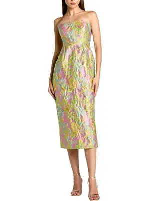 Mac Duggal Strapless Floral Brocade Midi Dress - Blush Multi