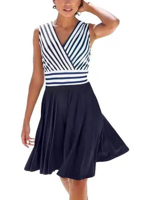 LASCANA Sleeveless Wrap Look Dress Navy Multi