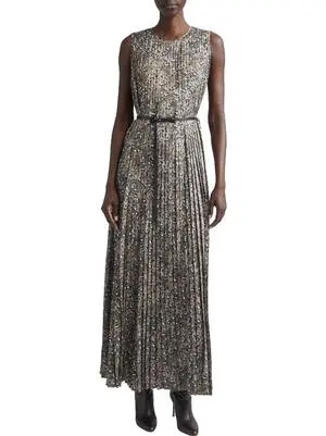 Lafayette 148 New York Leopard Print Accordion Pleat Belted A-line Dress - Brownstone Multi