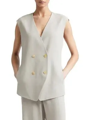Lafayette 148 New York Grid Plaid Crepe Double-breasted Vest - Cement