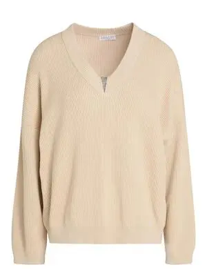 Brunello Cucinelli Ribbed Cotton V-neck Sweater With Bead Embellishment - Beige