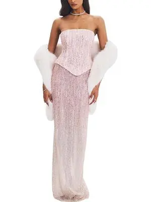 MISS CIRCLE Beaded Gradient Strapless Maxi Dress - White Pink