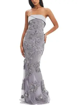 MISS CIRCLE NEW YORK Raphaela Beaded Floral Strapless Maxi Dress - Silver