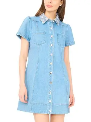 CECE DUPRAZ Short Sleeved Button Down Denim Dress Light Blue