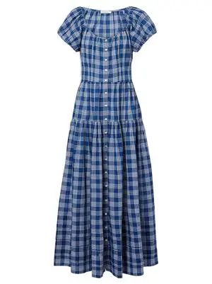 DÔEN Cotton Checked Midi Dress - Blue