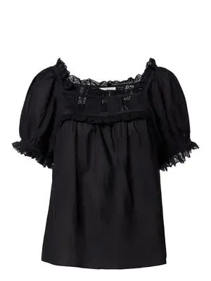 DÔEN Dôen Frances Lace-Trimmed Cotton-Blend Top Black