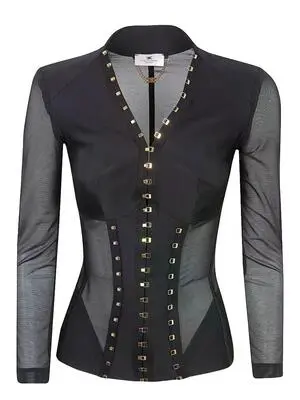 Elisabetta Franchi V-neck Blouse With Gold-tone Hardware - Black