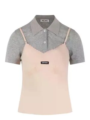 Miu Miu Marocain Crepe Top With Ribbed Jersey Polo - Grey