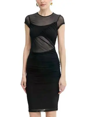 Guess Mesh Ruched Midi Dress - Black