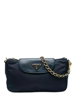 Prada Saffiano Trimmed Tessuto Chain Crossbody Bag - Blue
