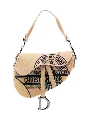 Dior 2022 Christian Dior Mini Embroidered Jute Canvas Saddle Bag Brown