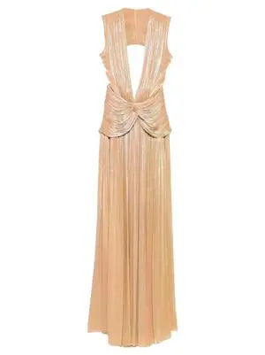 Costarellos Lurex Georgette Cut Out Pleated Maxi Dress - Neutrals