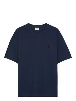 Saint Laurent Logo-embroidered Piqué Cotton-blend T-shirt - Blue