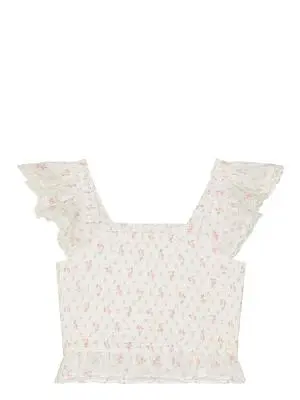 LoveShackFancy Floral Print Smocked Bodice Top With Lace Trim - Ivory
