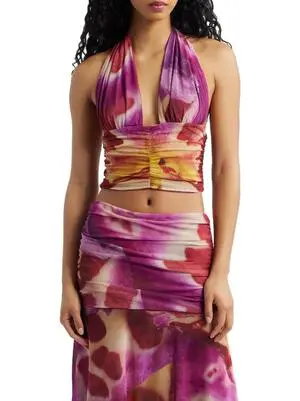 FENERS Festa Print Plunge Halter Neck Crop Top - Bloom
