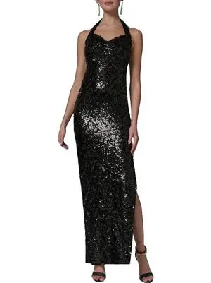 Donna Karan New York Sequin Halter Gown - Black