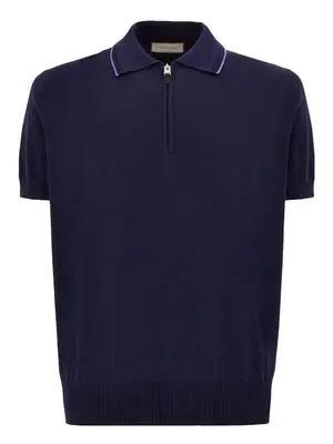 Canali Giza Cotton Polo Shirt With Zipper And Contrasting Piping - Blue