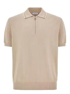 Canali Giza Cotton Polo Shirt With Zipper And Contrasting Piping - Beige