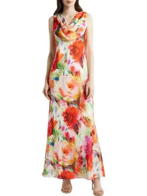 Eliza J Drape Neck Sleeveless Gown Orange Multi