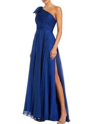Mac Duggal Pleated One Shoulder Chiffon Gown - Cobalt