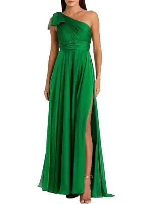 Mac Duggal Pleated One Shoulder Chiffon Gown - Emerald