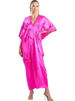 Natori Couture Mokuren Embroidered Silk Caftan - Pink
