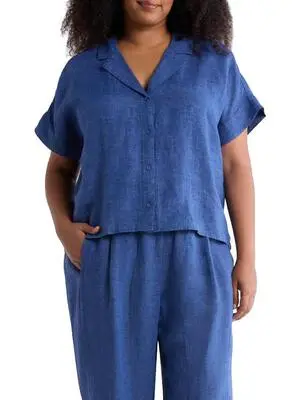 Eileen Fisher Notch Collar Organic Linen Button-up Shirt - Deep Dive