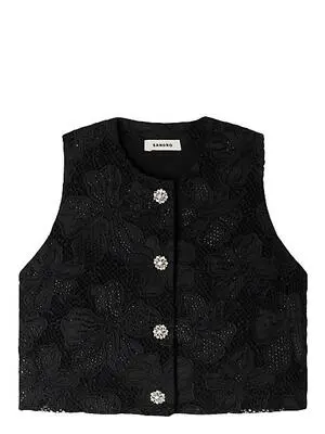 Sandro Flower-embroidered Woven Top - Black