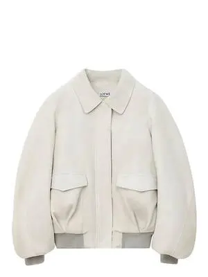 Loewe Flap-Pocket Collared Suede Bomber Jacket Light Grey