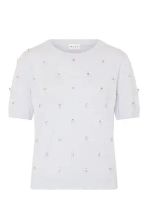 MILLY Rosalyn Rhinestone Embellished Short Sleeve Sweater - Light Blue Melange