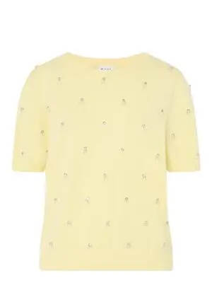 MILLY Rosalyn Rhinestone Embellished Short Sleeve Sweater - Light Yellow