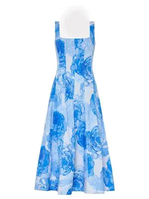MILLY Nia Printed Poplin Midi Dress - Blue