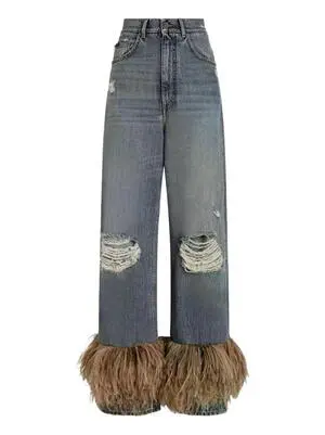Dolce & Gabbana Distressed Feather Trim Jeans - Blue